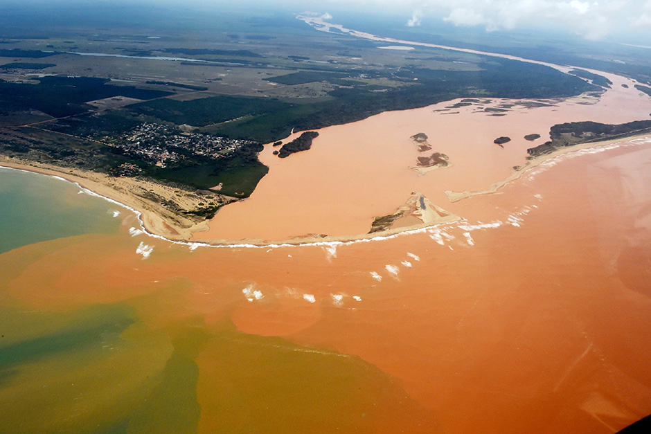 An aerial view of the Doce River -- which was flooded with toxic lama ...