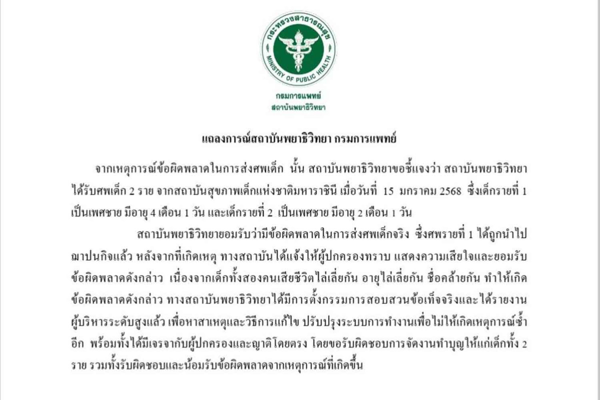 Bangkok Post - Pathology Institute returned wrong dead baby to parents
